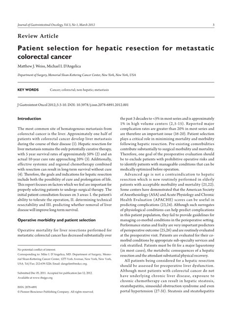 Pdf Patient Selection For Hepatic Resection For Metastatic Colorectal
