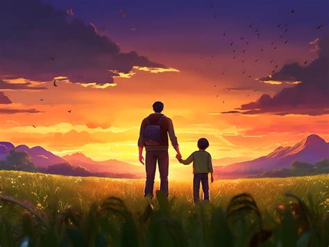 Premium Ai Image Father And Son Standing In Grass Field With Sunset