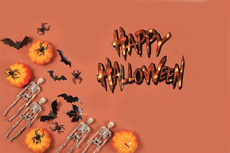 행복한 할로윈 개념 축하와 배경 호박 거미와 박쥐 상단보기 인사말 카드 또는 배너 감사에 대한 스톡 사진 및 기타 이미지