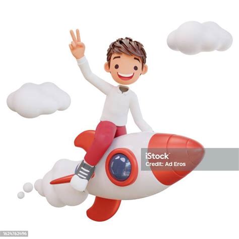 3d 렌더링된 귀여운 학생 캐릭터가 로켓을 타고 날아가고 있다 귀여운에 대한 스톡 사진 및 기타 이미지 귀여운 만화 사진 이미지 Istock