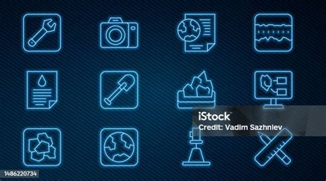 선 교차 눈금자와 연필 토양 분석 문서 삽 기름 방울 렌치 스패너 광석 채굴 및 사진 카메라 아이콘이 있는 지구 지구본을 설정합니다 벡터 건강 검진에 대한 스톡 벡터 아트