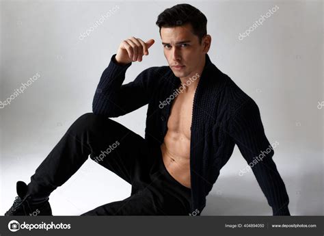 Stylish Male Model Nacked Torso Black Clothes Posing Sit Floor Stock Photo Muntenesa Gmail