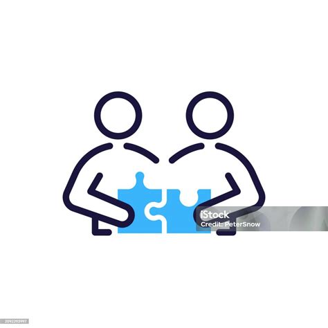 두 사람이 퍼즐 조각을 맞추는 콜라보레이션 아이콘 팀워크 파트너십 문제 해결 창의성 및 공동 솔루션 개념에 대한 벡터 일러스트
