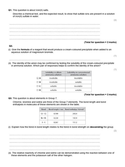 Topic 3 And 4 55 Marks Revision Exam Qu And Ms Pdf Chlorine