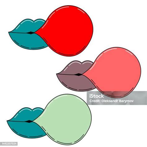 풍선껌을 가진 여자 입술 세트 벡터 그림 벡터 일러스트레이터 생생한 색상 파스텔 색상 검볼에 대한 스톡 벡터 아트 및 기타 이미지 Istock