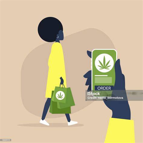 대마초 온라인 상점 모바일 인터페이스 종이 쇼핑 백으로 걷는 젊은 흑인 여성 캐릭터 밀레니엄 라이프 스타일 대마속에 대한 스톡 벡터 아트 및 기타 이미지 Istock