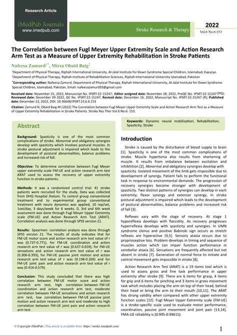 Pdf The Correlation Between Fugl Meyer Upper Extremity Scale And Action Research Arm Test As A