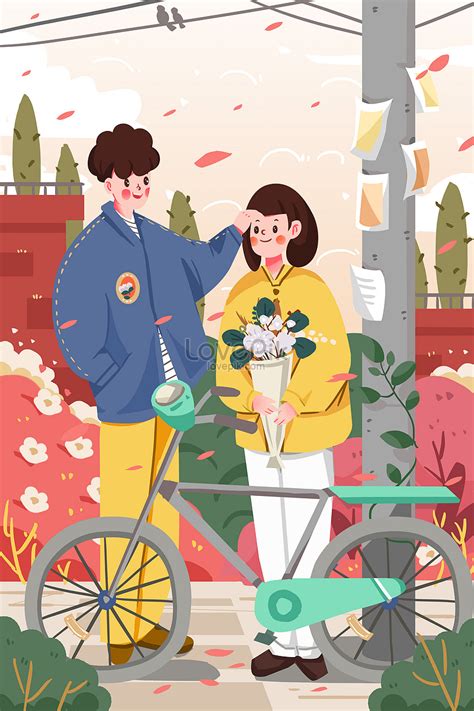 플랫 바람 520 발렌타인 데이 자전거 커플 일러스트 무료 다운로드 Lovepik