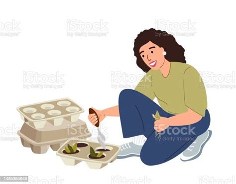 젊은 여성 정원사 업사이클링은 달걀 상자를 소비하고 묘목 꽃 및 식물을 심기 위해 용기를 활용했습니다 재활용 재사용 폐기물 감소 개념 흰색에 격리된 플랫 벡터 그림