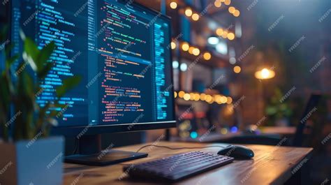 Premium Photo Illuminated Coding Workspace With Code On Computer Monitor Cozy Office Setting