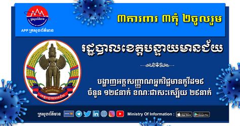 រដ្ឋបាលខេត្តបន្ទាយមានជ័យ បង្ហាញអត្តសញ្ញាណអ្នកវិជ្ជមានកូវីដ១៩ ចំនួន ១២៤នាក់ ខណៈជាសះស្បើយ ២៩នាក់