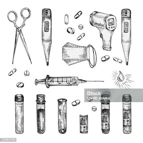 잉크 스케치 의료 아이콘 마스크 알 약 주사기 주사 마약 온도계 소독제 흰색 배경에 고립 된 가위 의학 도구 및 장비세트 빈티지 인그레이빙 스타일 그리기에 대한 스톡 벡터