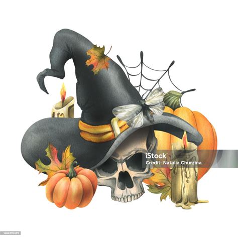주황색 호박 거미줄 양초 가을 단풍잎이 있는 검은 마녀 모자를 쓴 인간의 두개골 할로윈을 위한 손으로 그린 수채화 그림 흰색 배경에 격리 된 구성 10월에 대한 스톡 벡터