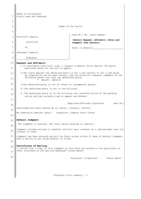 Legal Pleading Template Default Request Affidavit Entry And Judgment Printable Pdf Download