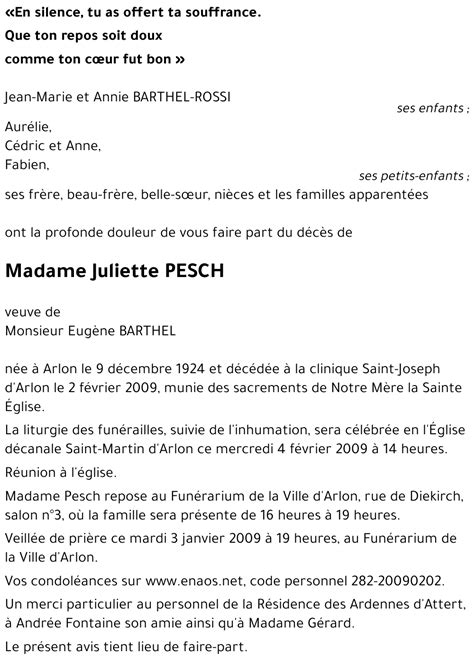 Avis De Décès De Juliette Pesch Décédé Le 02022009 à Arlon Annonce