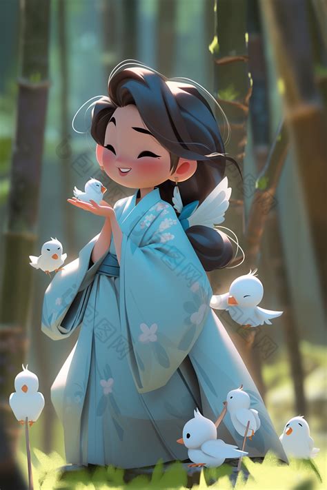 森林里的小女孩小鸟森林国风高清图片下载 包图网