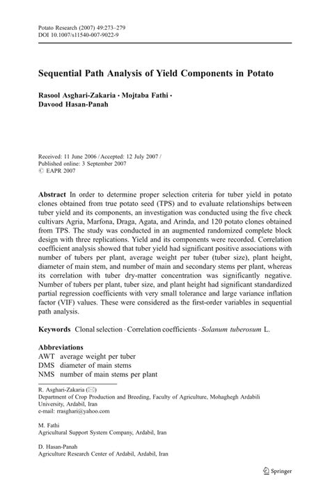 Pdf Sequential Path Analysis Of Yield Components In Potato