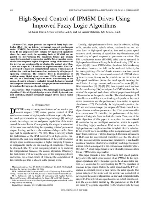 Pdf High Speed Control Of Ipmsm Drives Using Improved Fuzzy Logic