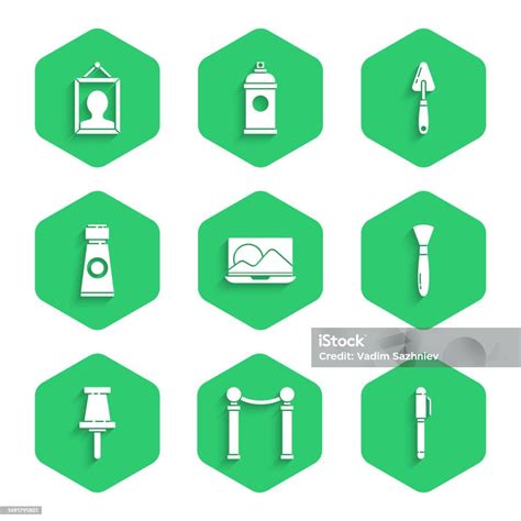 노트북 그림 전시회 펜 페인트 브러시 푸시 핀 팔레트가 있는 튜브 팔레트 나이프 및 그림 아이콘을 설정합니다 벡터 공예에 대한 스톡 벡터 아트 및 기타 이미지 Istock