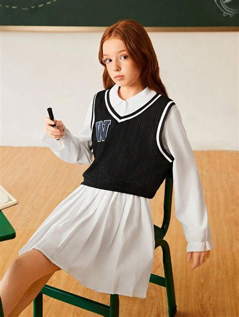 Tween Girl Basic Vest Shirt And Pleated Skirt 3 Piece Academy Set