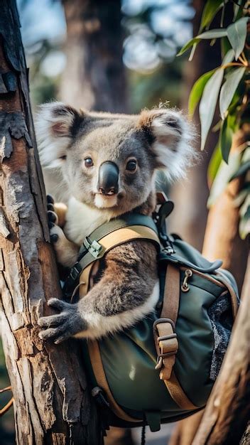 A Koala Carrying A Small Backpack Climbing A Eucalyptus Tree Premium
