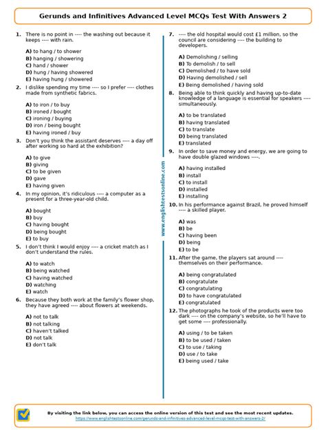912 Gerunds And Infinitives Advanced Level Mcqs Test With Answers 2 Pdf