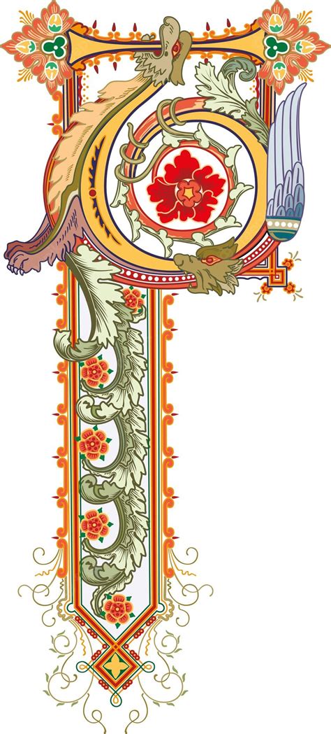 편지 T 이니셜 로얄 중세 르네상스 스타일의 대문자와 꽃 빈티지 선조 프리미엄 벡터