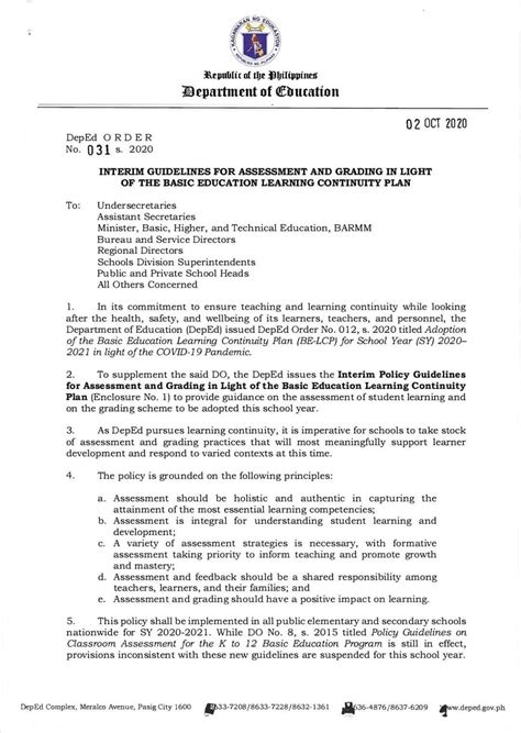 The Department Of Education Issues Deped Order No 31 S 2020 Or The