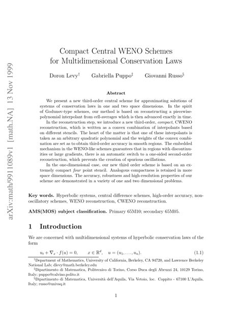 Pdf Compact Central Weno Schemes For Multidimensional Conservation Laws