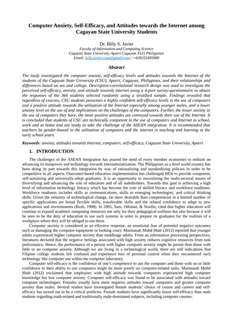 Pdf Computer Anxiety Self Efficacy And Attitudes Towards Internet Of Cagayan State