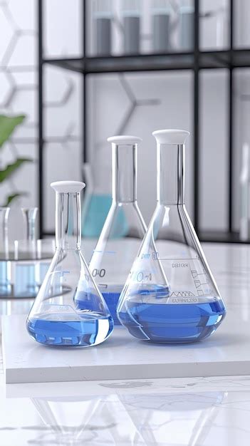 Clear Beakers Filled With Blue Liquid Are Arranged On A White Table In