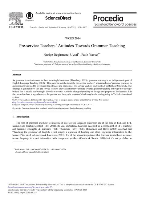 Pdf Pre Service Teachers Attitudes Towards Grammar Teaching