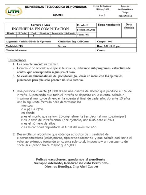 Examen Analisis Y Diselño De Algoritmos Pseint Pdf Ciencias De La Computación Informática