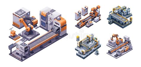 Conveyor Production Line Isometric Set Automated Manufacturing Heavy Industry Robots