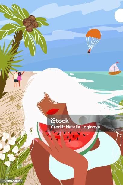 자연 해변 바다 여름 파티를 위한 전단지 순간을 즐기는 배경에서 소녀 여자의 이미지가 있는 세로 엽서 벡터 일러스트 레이 션 손으로 그린 그림입니다 바다에 대한 스톡 벡터