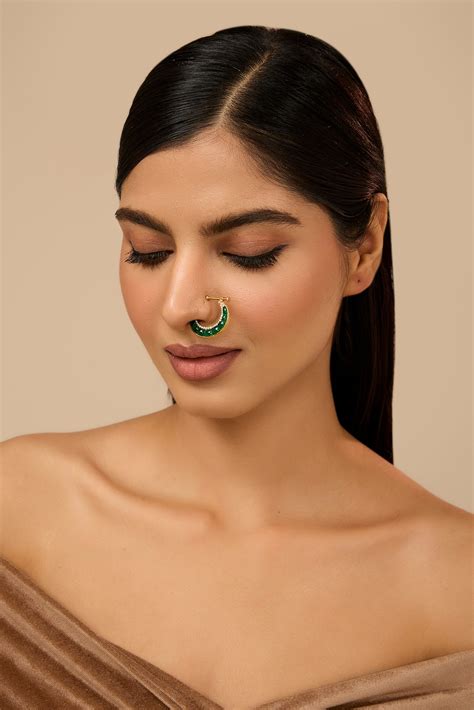 Yellow Gold Finish Moissanite Polki And Glass Filled Emerald Nose Ring In