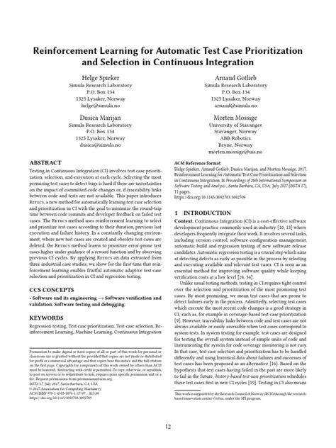 Reinforcement Learning For Test Case Prioritization Issta17 0 Pdf Pdf Software Testing