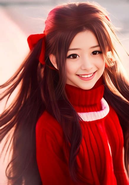 Premium Photo Beautiful Smiling Girl With Long Silky Hair Red Sweeter