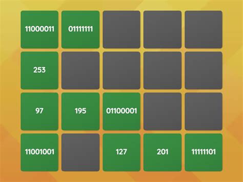 binary to denary conversions matching pairs
