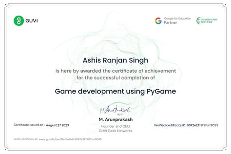 finished pygame certificate with guvi ashis ranjan singh posted on the topic linkedin