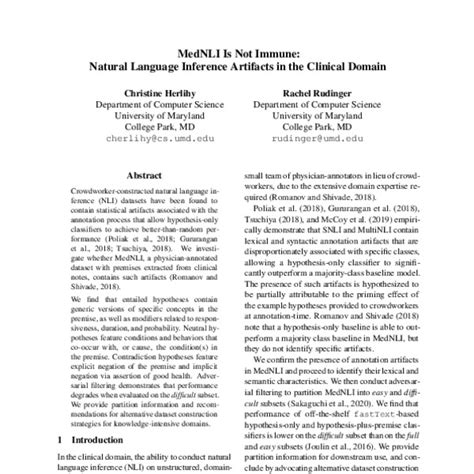 Mednli Is Not Immune Natural Language Inference Artifacts In The Clinical Domain Acl Anthology