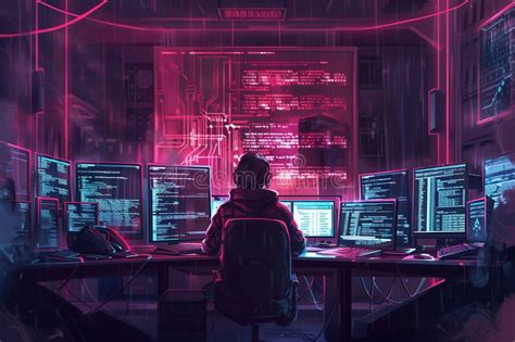 a hacker focuses intently on various computer screens immersed in