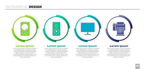 하드 디스크 드라이브 Hdd 스테레오 스피커 컴퓨터 모니터 화면 및 프린터를 설정합니다 비즈니스 인포그래픽 템플릿입니다 벡터 Lcd에 대한 스톡 벡터 아트 및 기타 이미지