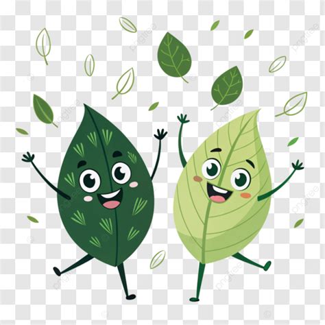 두 개의 만화 같은 나뭇잎 캐릭터가 팔을 들고 즐겁게 포즈를 취하고 있습니다 하나는 더 어두운 녹색이고 다른 하나는 더 밝습니다 만화 같은 즐거운 잎 Png 일러스트