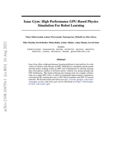 Pdf Isaac Gym High Performance Gpu Based Physics Simulation For