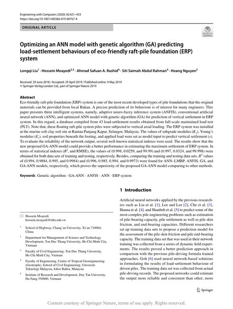 Optimizing An Ann Model With Genetic Algorithm Ga Predicting Load Settlement Behaviours Of Eco