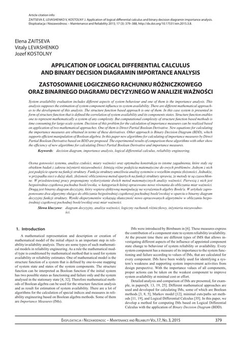 Pdf Application Of Logical Differential Calculus And Binary Decision Diagramin Importance Analysis