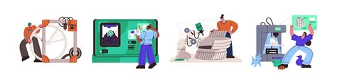3d 프린터 세트 기술로 건축 플라스틱 모델을 인쇄하는 사람들 프로토 타입 의료용 임플란트 보철물 생산 디자인 작품 작성 흰색에 평평한 고립 된 벡터 그림 3차원 인쇄에