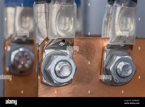 Joint Of Electric Cable With Copper Bus Bar By Bolts And Nuts In