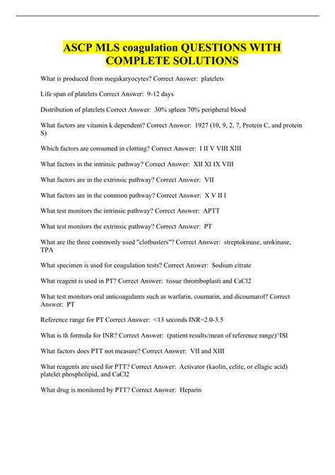 Ascp Mls Coagulation Questions With Complete Solutions Ascp Mls